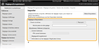 Importation/Exportation des données de réglage